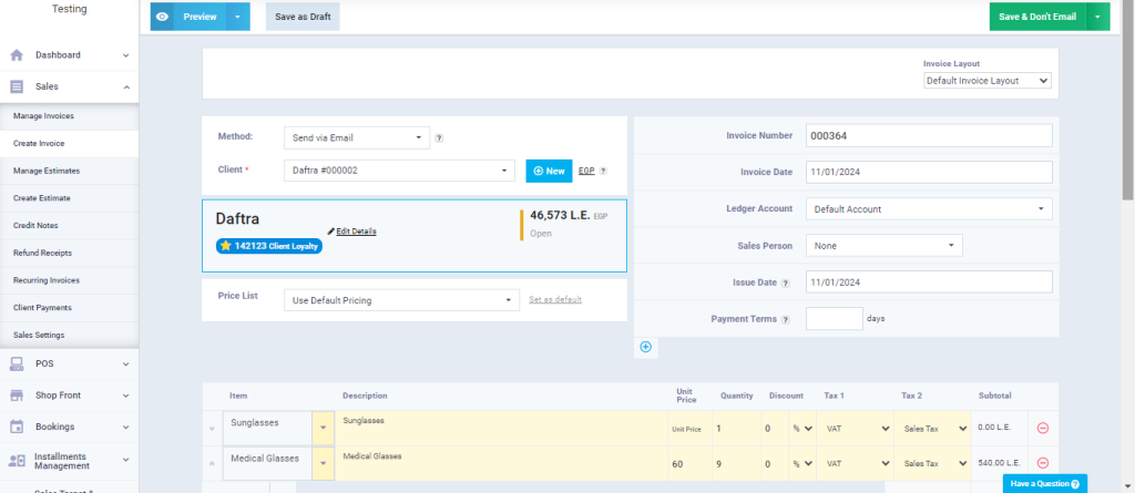 Completing Data for an Unsaved Invoice - Daftra Knowledge Base