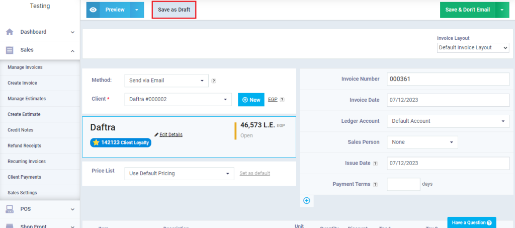 Draft Invoices Properties - Daftra Knowledge Base