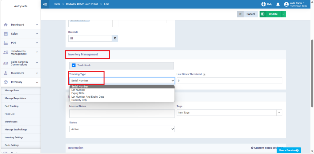 Track Autoparts by Serial Number - Daftra Knowledge Base