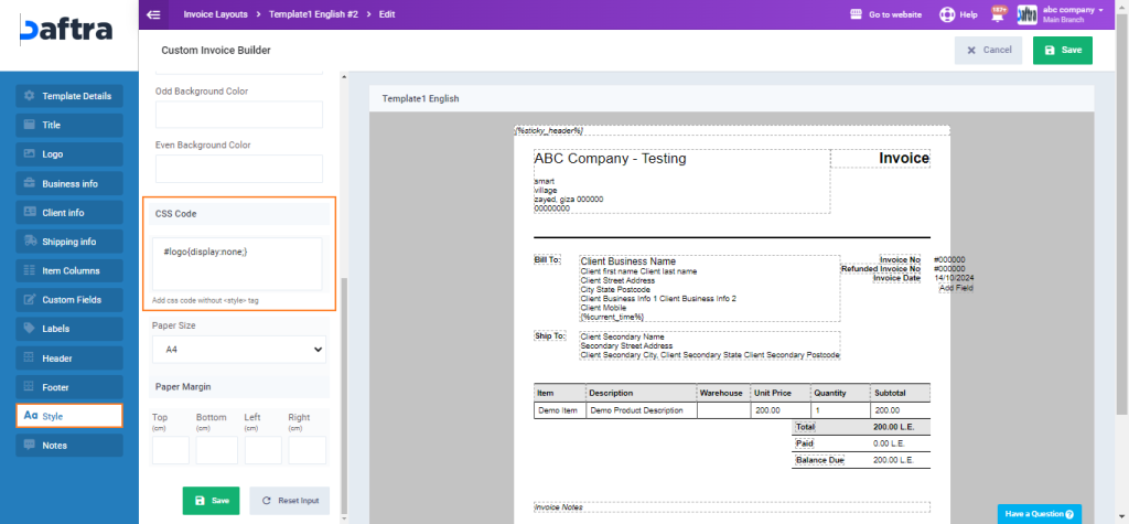 Hiding the Company Logo from a Template - Daftra Knowledge Base